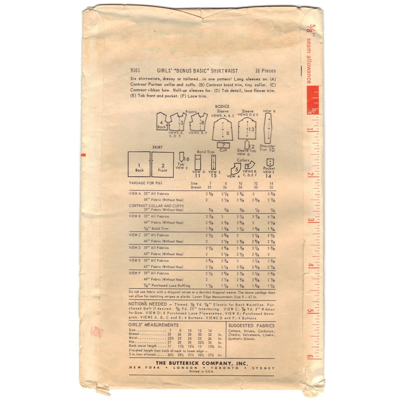 Butterick 9161 Pattern Vintage Girls Shirtwaist - Tailored – SharPharMade