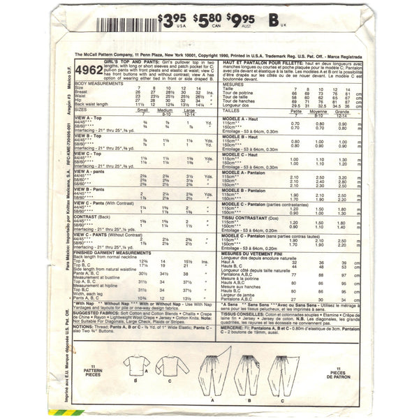 McCalls 4962 Pattern Vintage Girl Top and Pants – SharPharMade