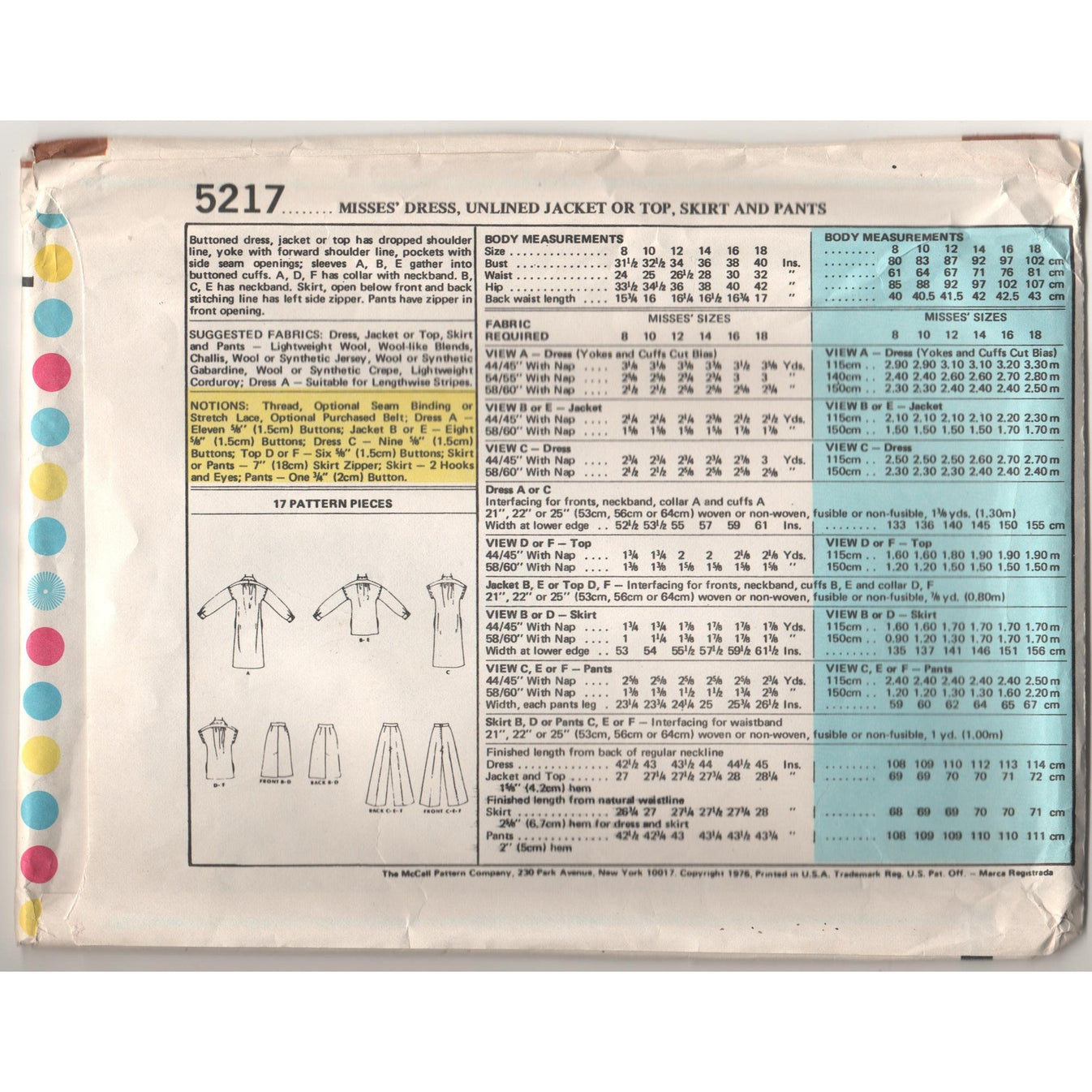 McCalls 5217 Pattern Vintage Misses Dress, Unlined Jacket or top, Skir ...