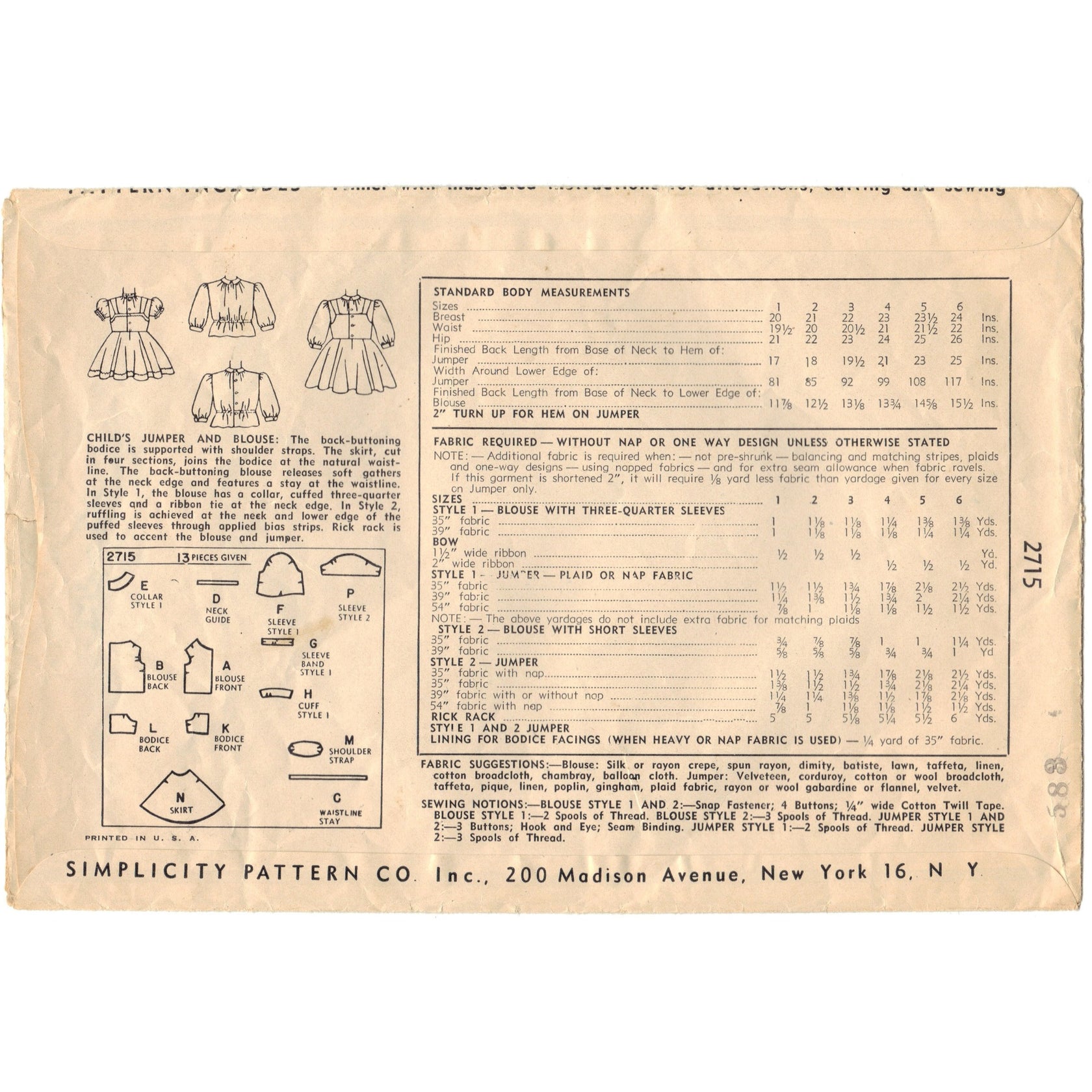 Simplicity 2715 Pattern Vintage Child Jumper and Blouse – SharPharMade