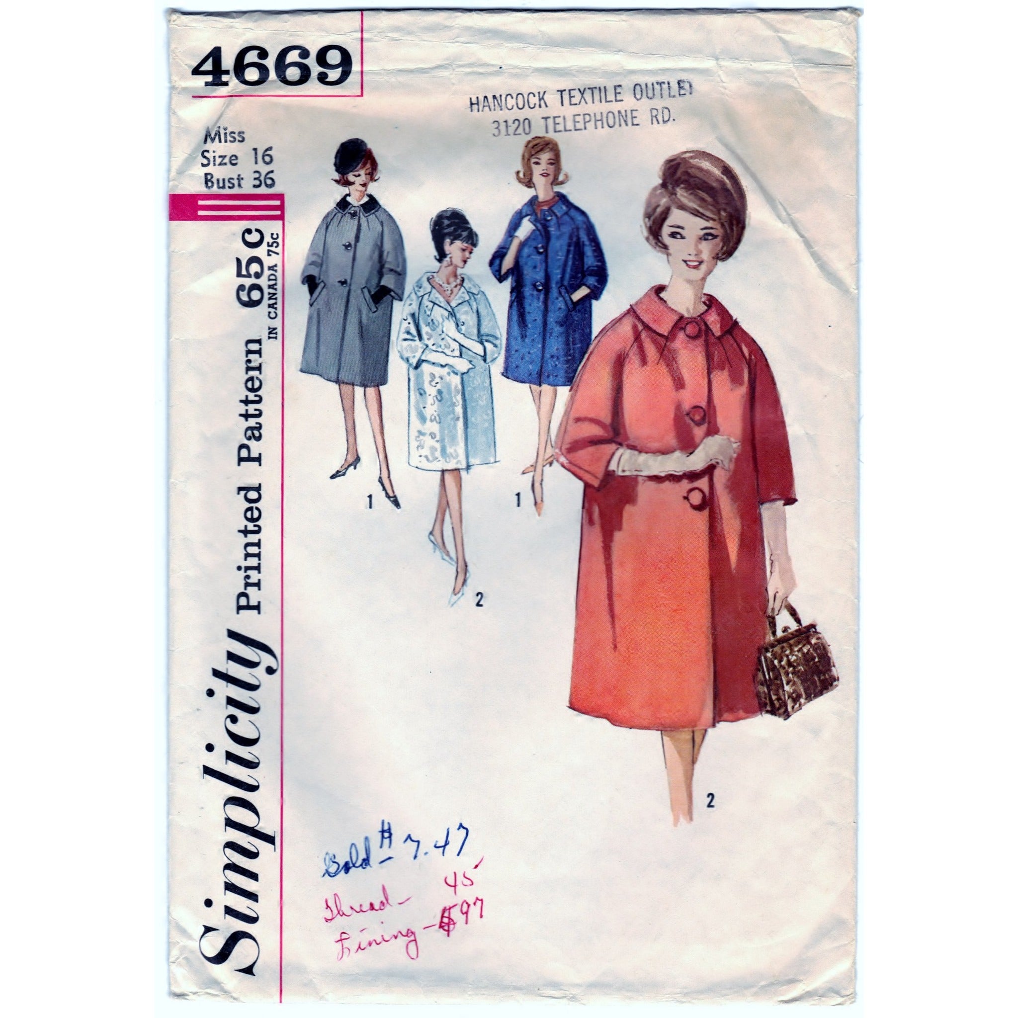 Simplicity 4669 Pattern Vintage Juniors and Misses Coat – SharPharMade