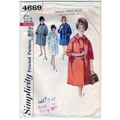 Simplicity 4669 Pattern Vintage Juniors and Misses Coat – SharPharMade