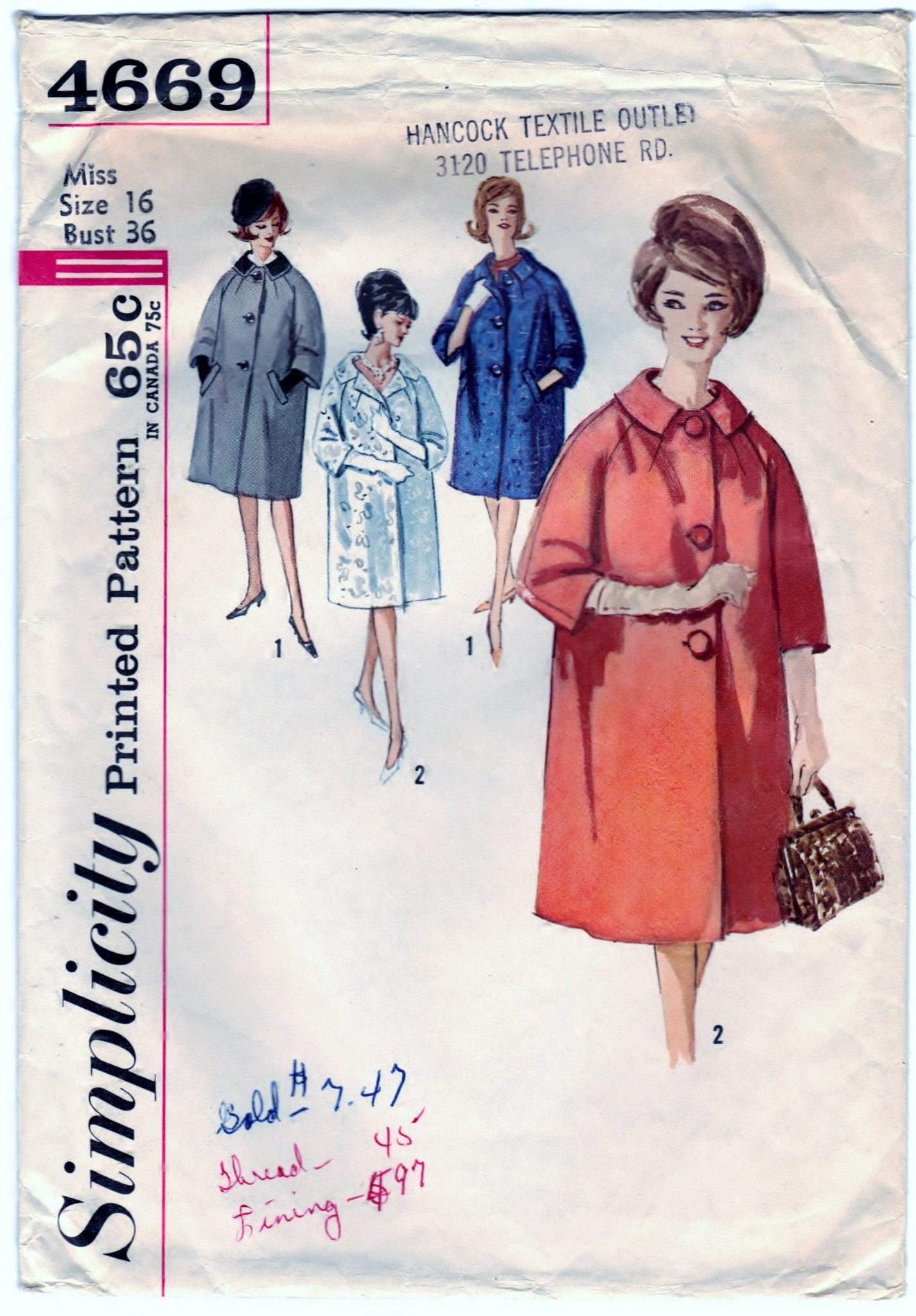 Simplicity 4669 Pattern Vintage Juniors and Misses Coat – SharPharMade