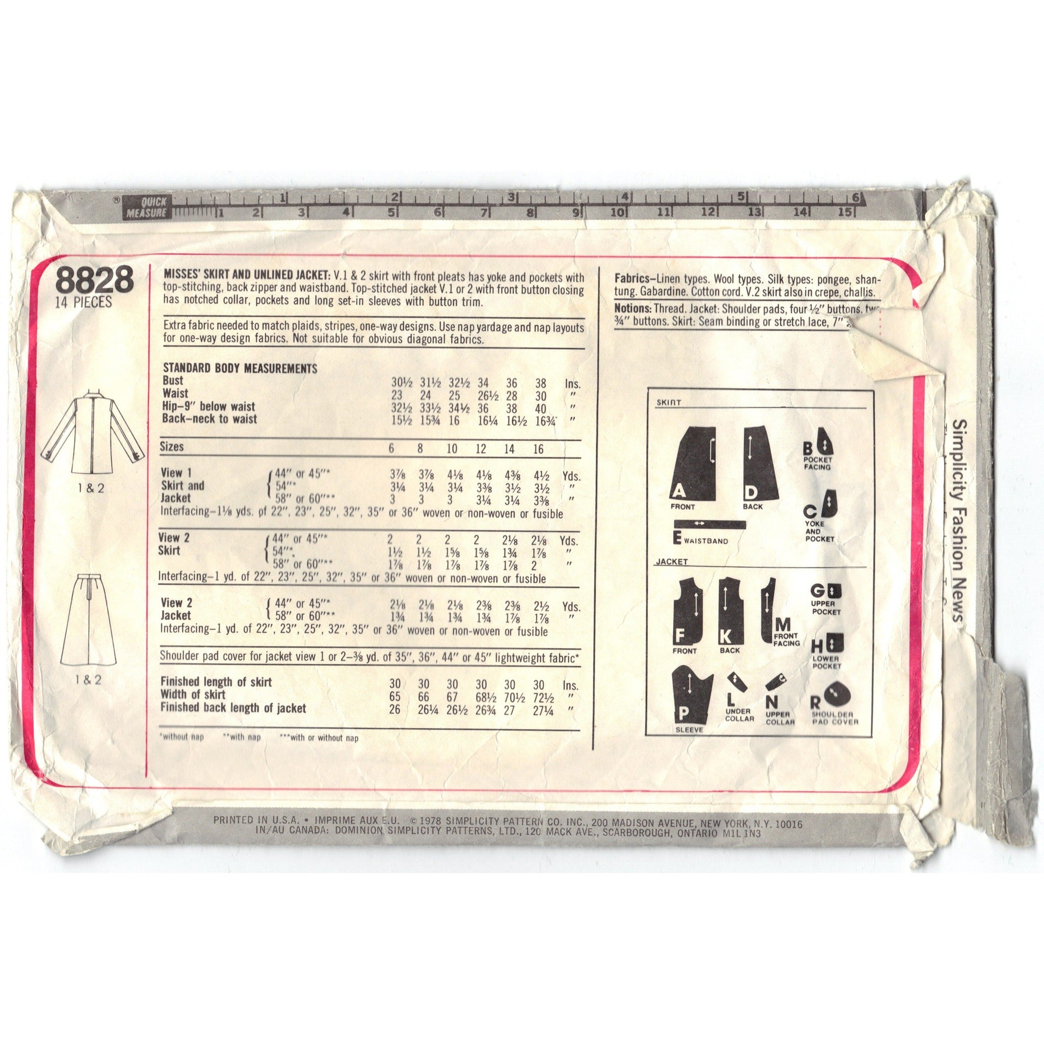 Simplicity 8828 Pattern Vintage Misses Skirt And Unlined Jacket ...