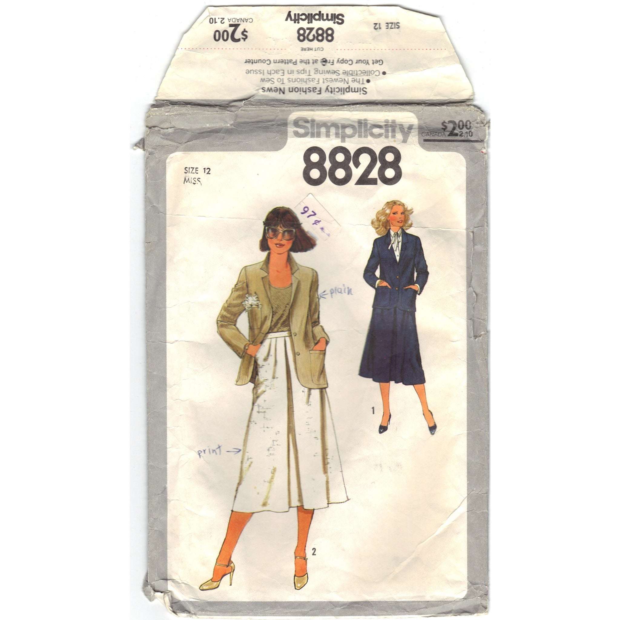 Simplicity 8828 Pattern Vintage Misses Skirt And Unlined Jacket ...