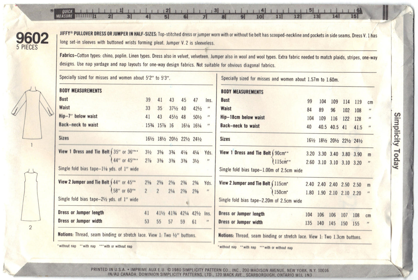 Simplicity 9602 Pattern Vintage Jiffy Pullover Dress or Jumper ...